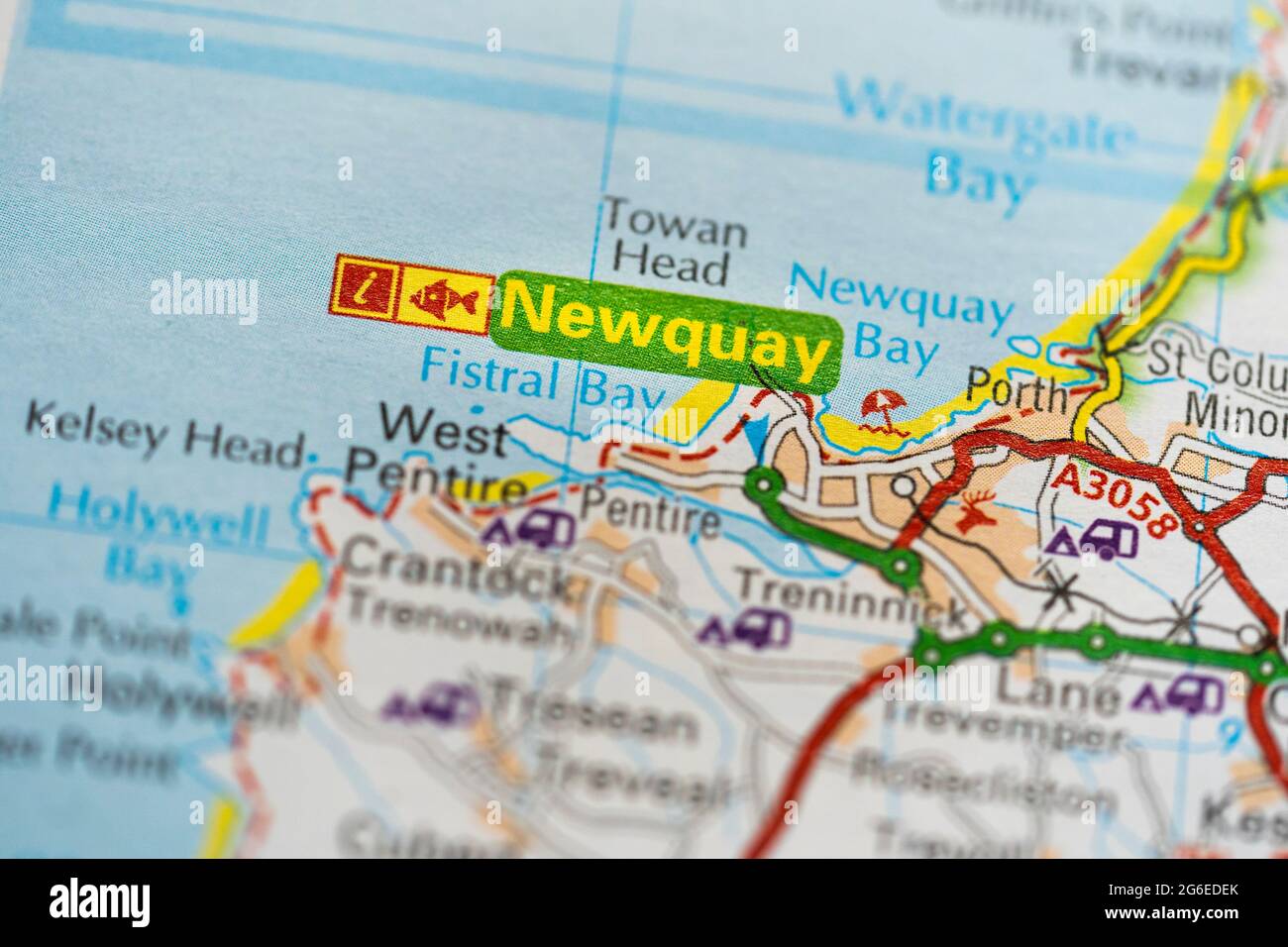 A macro closeup of a page in a printed road map atlas showing the ...