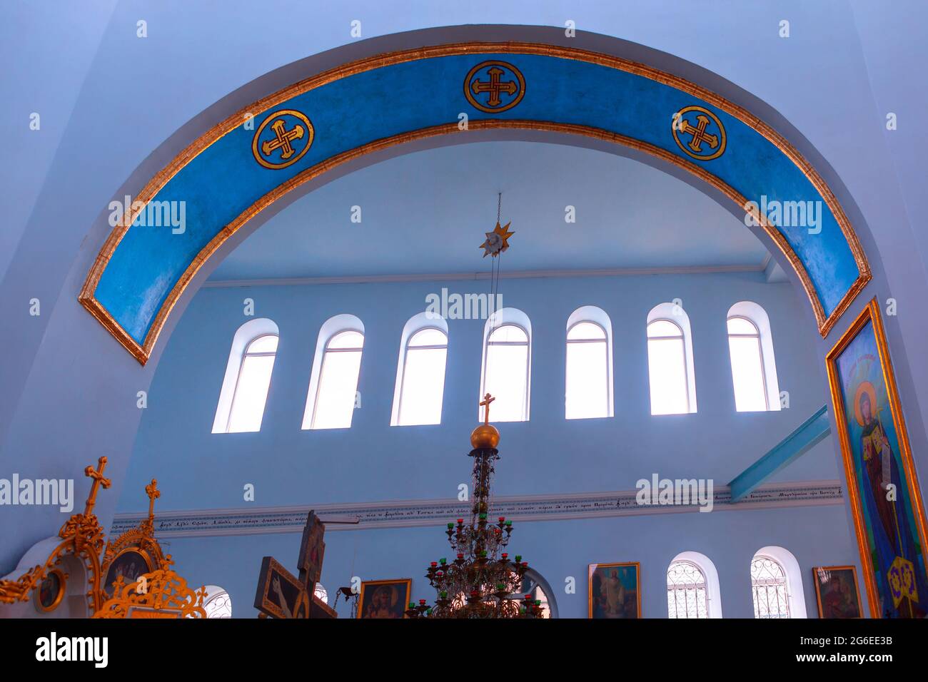 Interior architectural arch of the church . Religious symbols . Arched ...