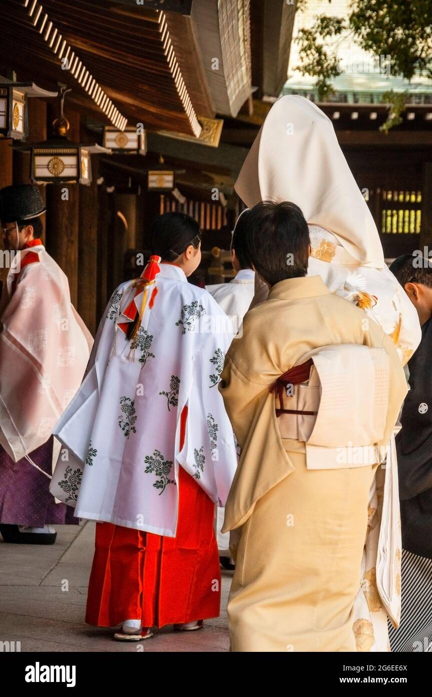 In Tokyo, Japan at the Meiji Shinto Shrine the Shinto wedding ceremony ...