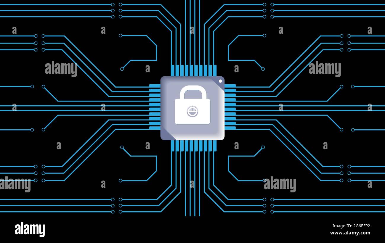A lock chip on a computer circuit board, graphic symbol of a computer ...
