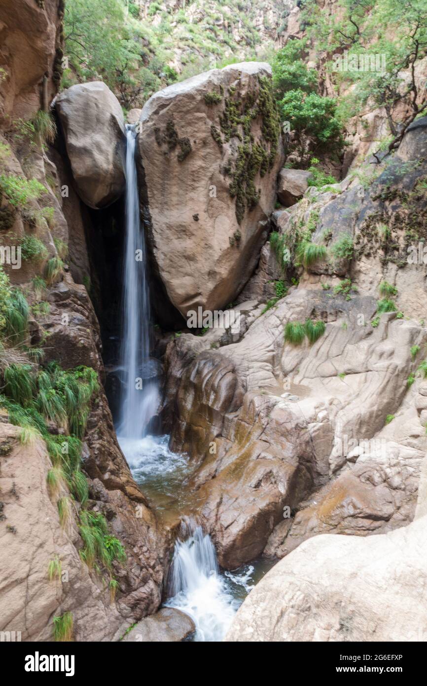 Tall waterfall in Quebrada del Colorado canyon near Cafayate, Argentina ...