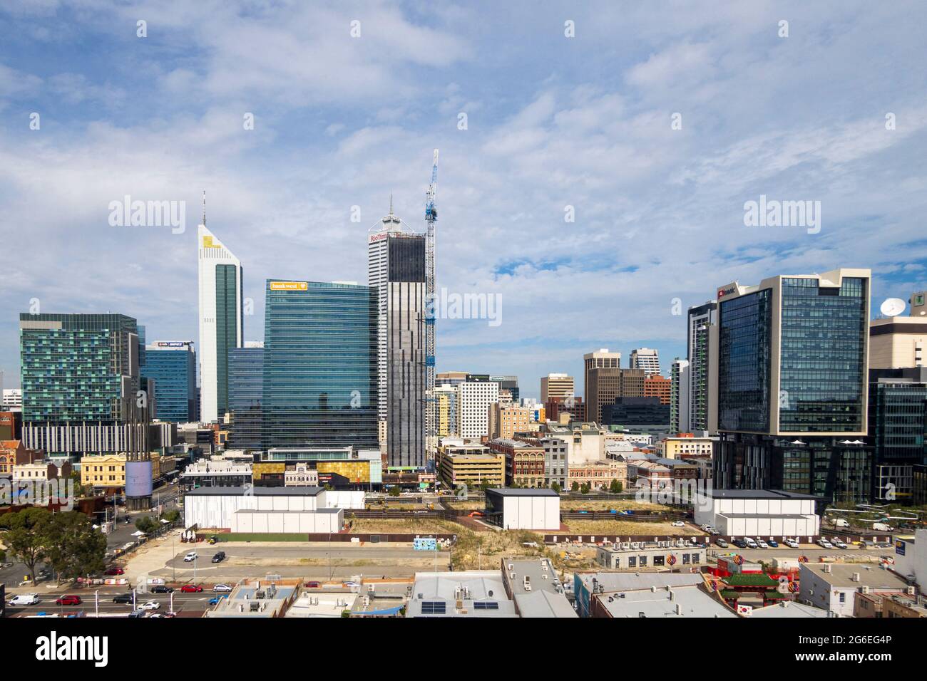 Perth CBD Cityscape Skyline with blue cloudy sky. Skyscrapers and ...