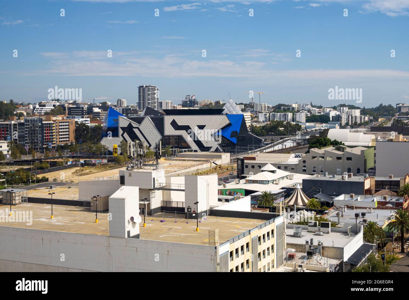 Perth CBD Cityscape with blue cloudy sky. Skyscrapers and industrial ...