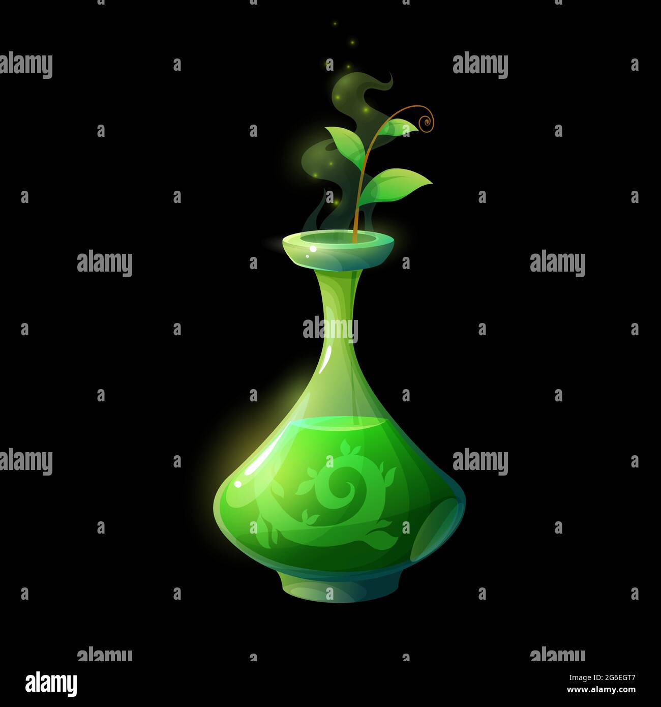 Potion bottle with green sprout, vector glass flask with magic elixir ...