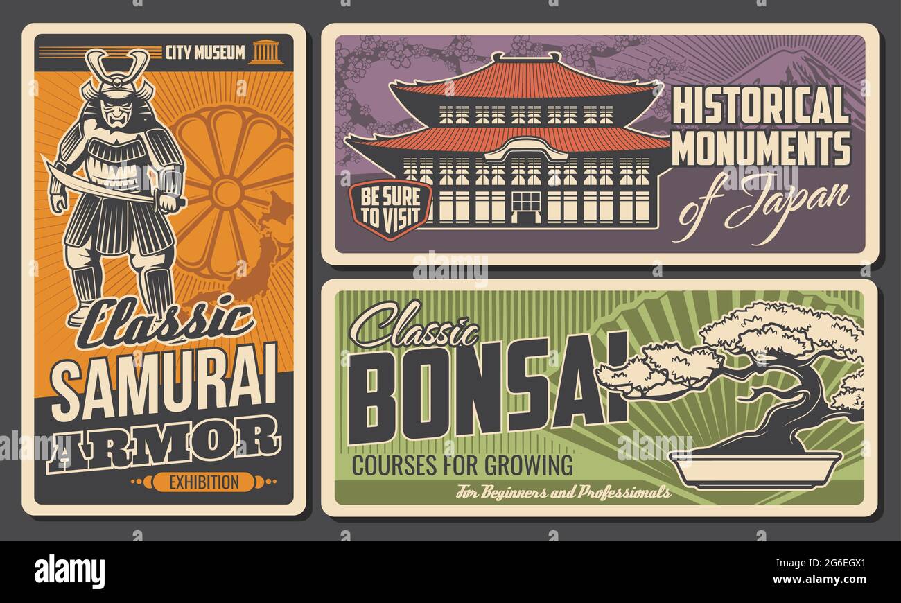Japan history museum, monuments and bonsai art retro posters. Samurai ...