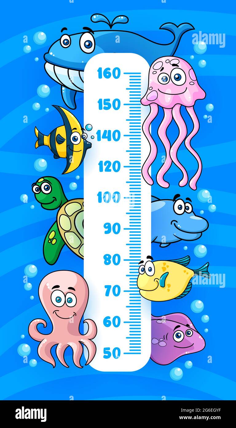 Kids height chart. Underwater cartoon sea animals. Growth measure meter ...
