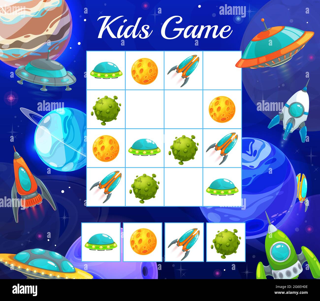 Puzzle game with space shuttles. Vector kids riddle with cartoon ...