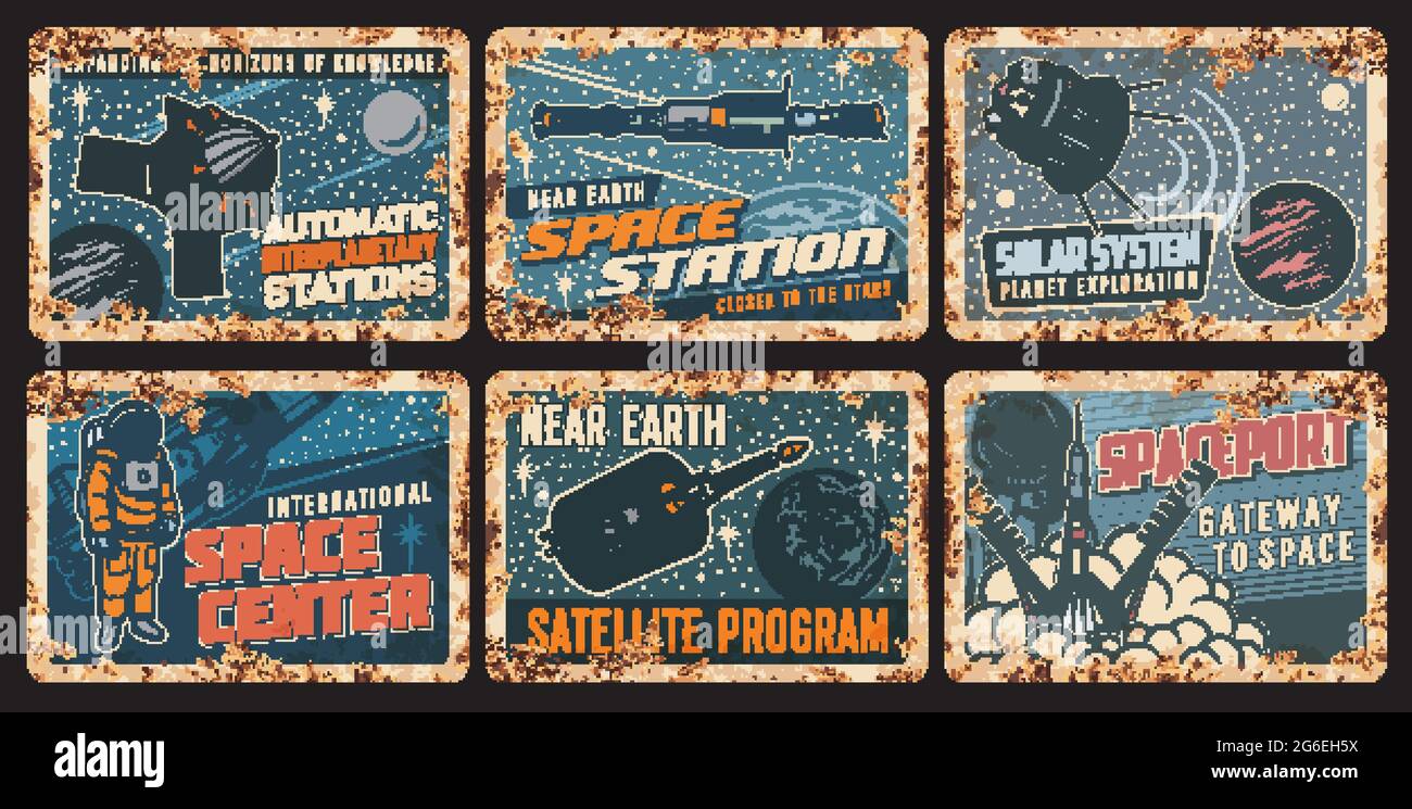 Orbital space station and satellite rusty plates with vector universe ...