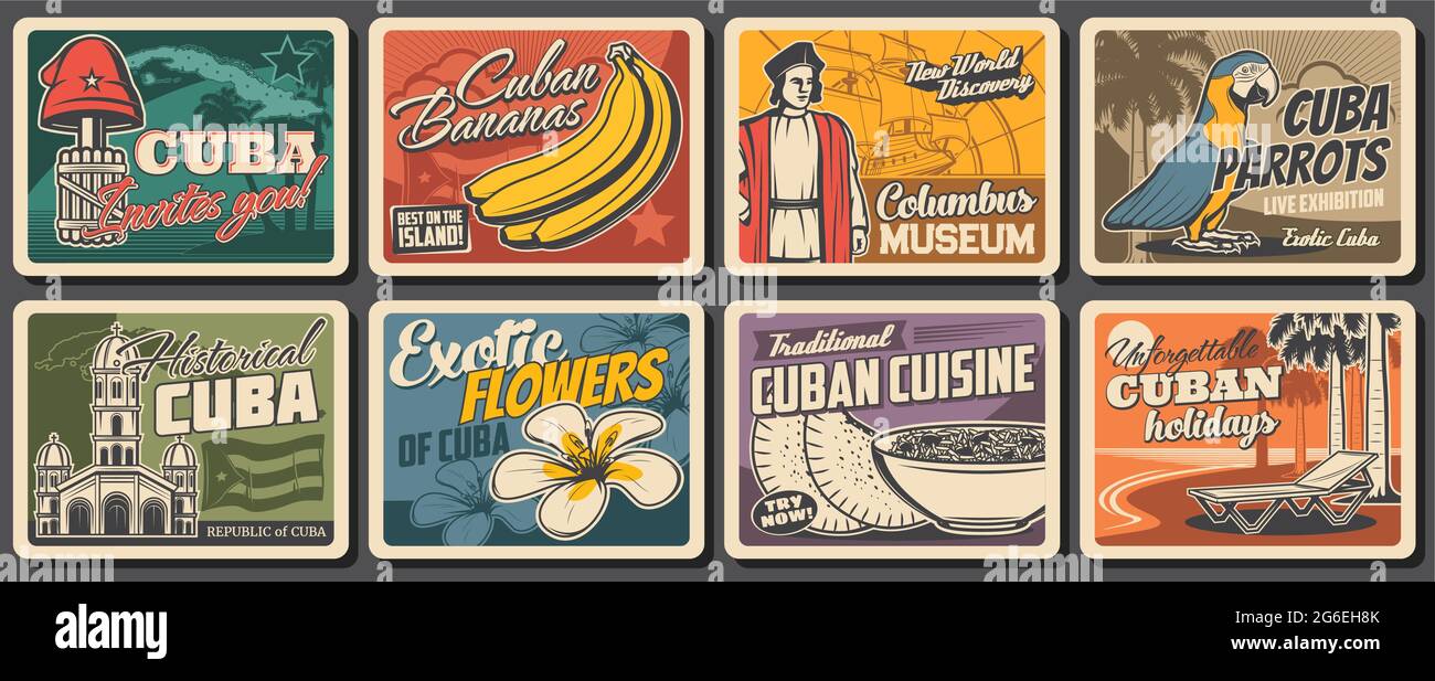 Cuban travel, food, nature and culture vector design. Retro posters ...