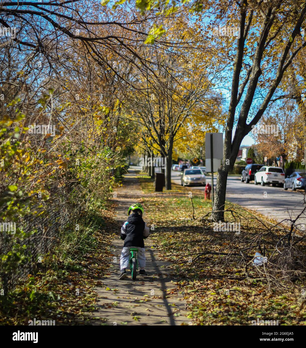 kid on push bike in fall Stock Photo - Alamy
