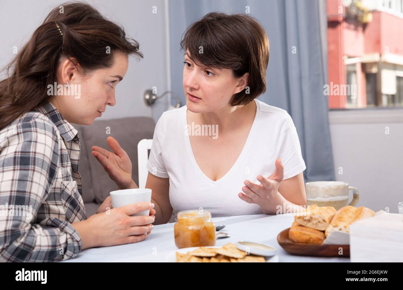Emotional women having conflict at table with coffee in home Stock ...