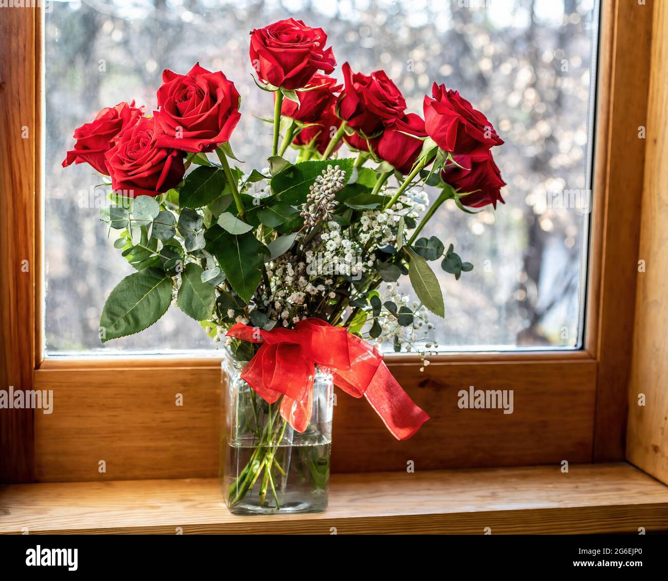 Pretty red roses in a glass vase with a red bow in front of a window ...