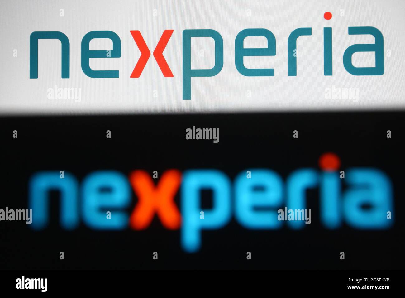 In this photo illustration, Nexperia logo of a global semiconductor manufacturer is seen on a ...