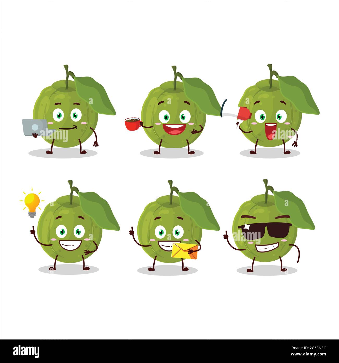 Guava fruit cartoon character with various types of business emoticons ...