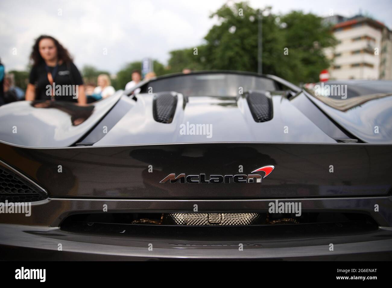 Kracow, Poland. 02nd July, 2021. Back and logo of McLaren supercar seen ...