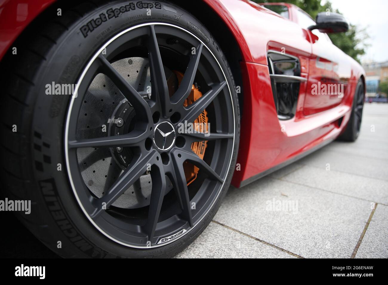 Kracow, Poland. 02nd July, 2021. A side and wheel of a Mercedes car ...