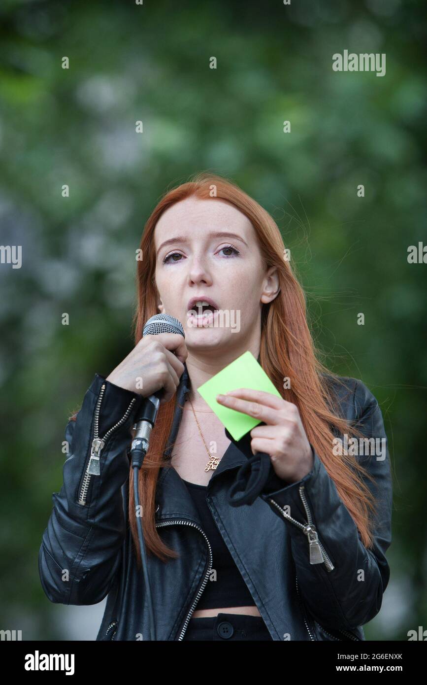 London, UK. 05th July, 2021. An activist Patsy Stevenson speaks during ...