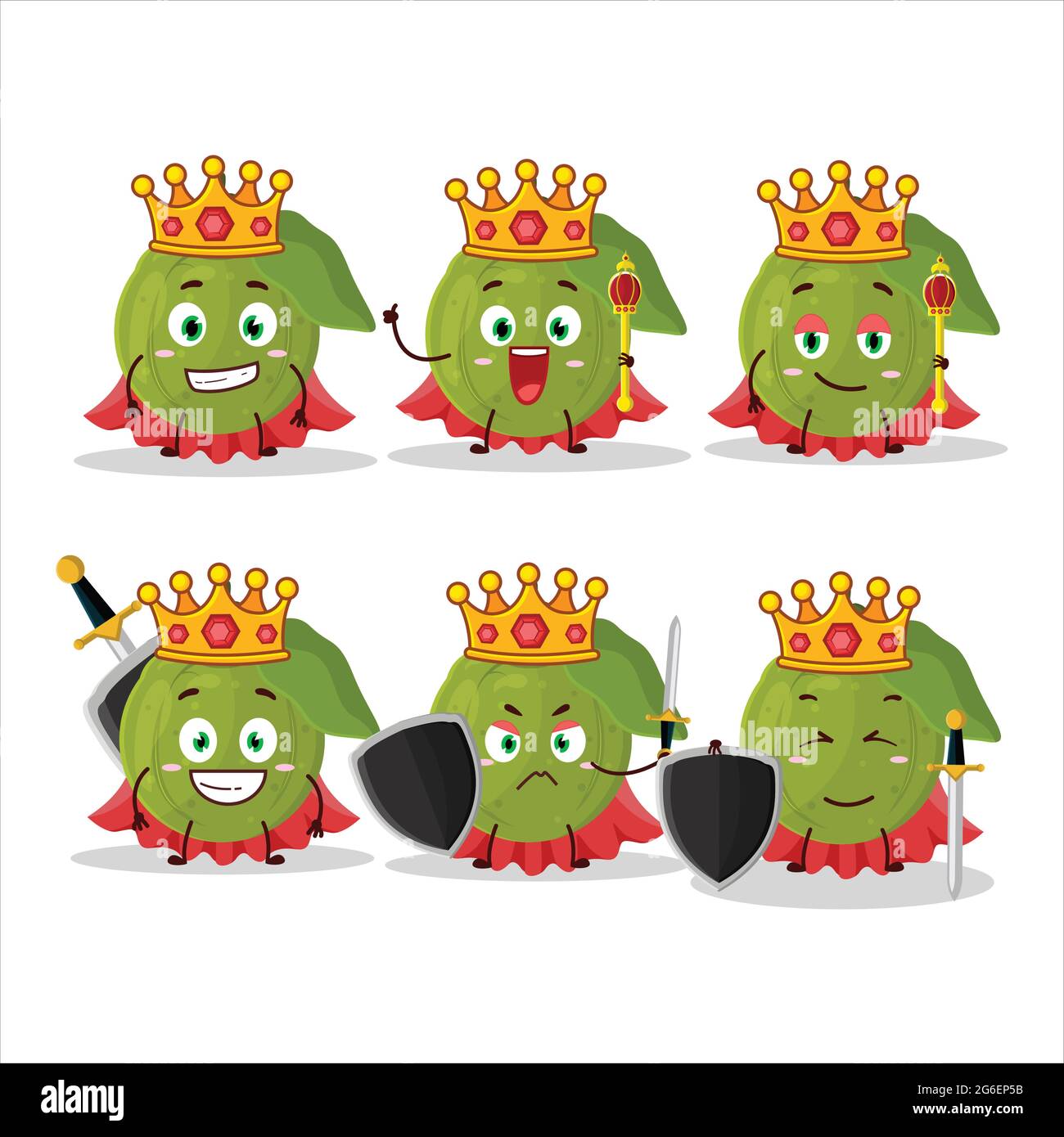 A Charismatic King guava fruit cartoon character wearing a gold crown ...