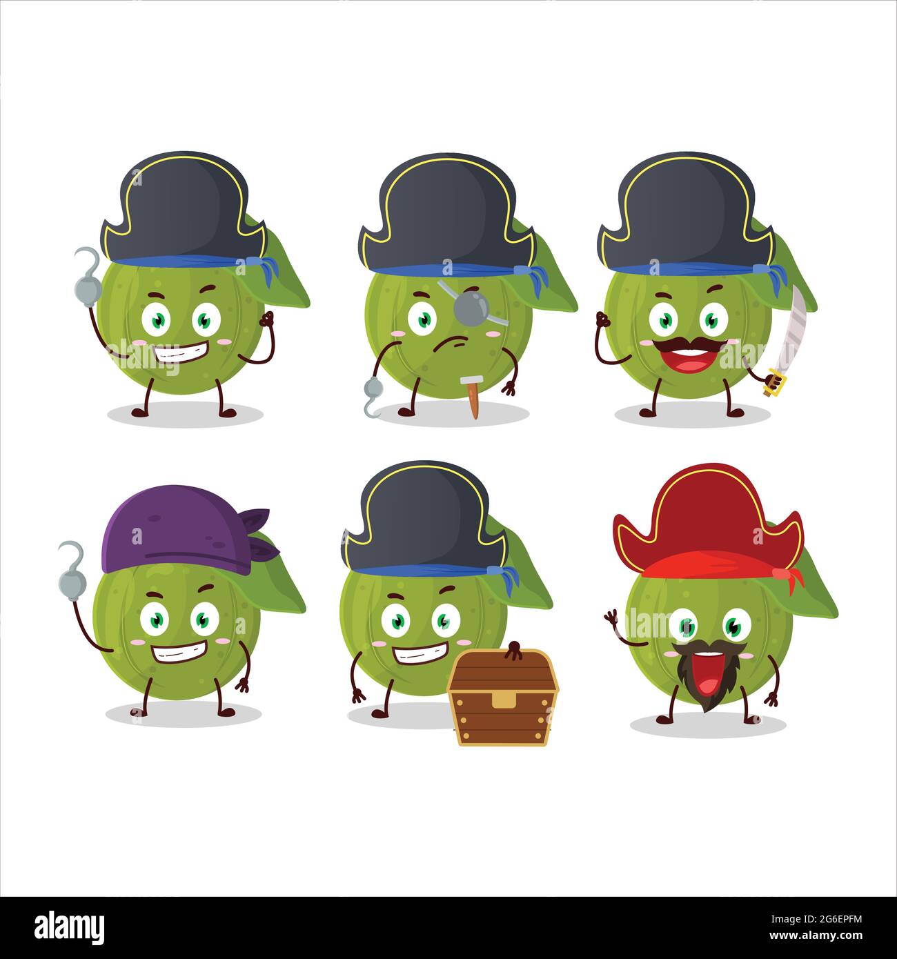 Cartoon character of guava fruit with various pirates emoticons. Vector ...