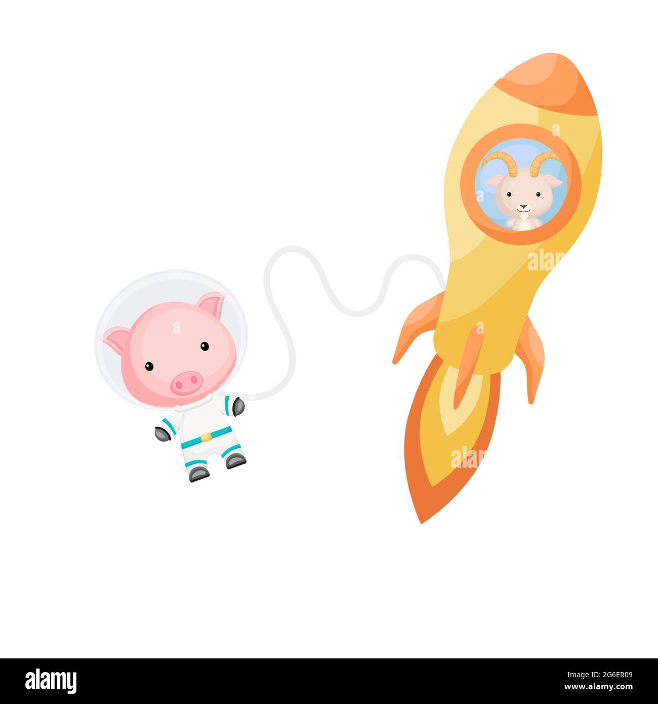 Cute little goat flying in yellow rocket. Cartoon pig character in ...