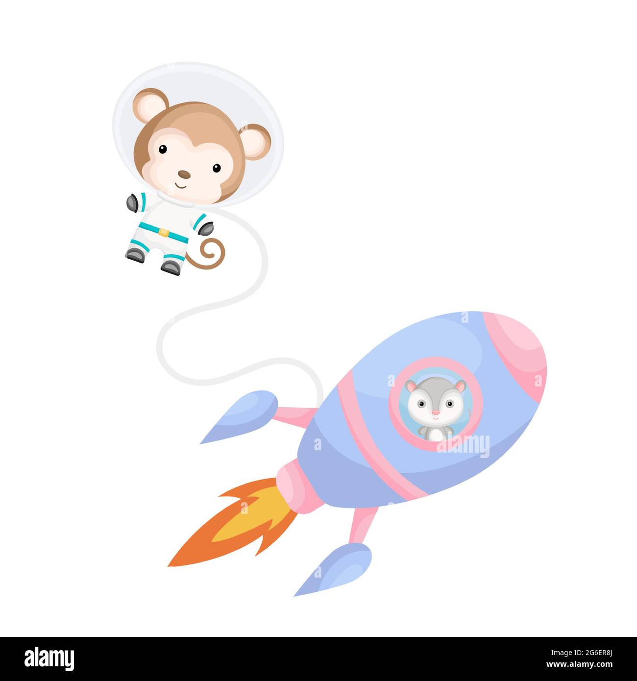 Cute little possum flying in blue rocket. Cartoon monkey character in ...