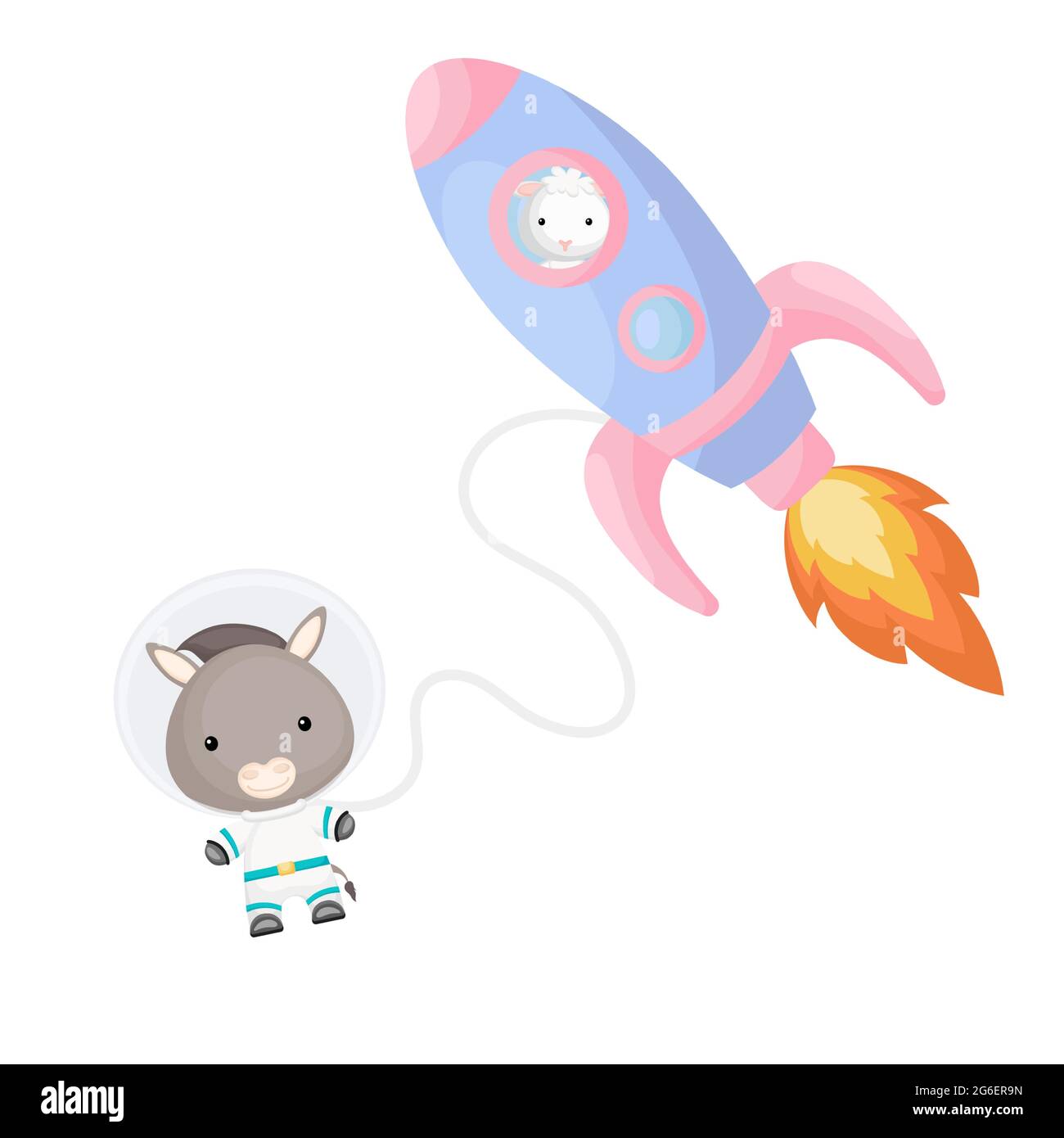 Cute little sheep flying in blue rocket. Cartoon donkey character in ...
