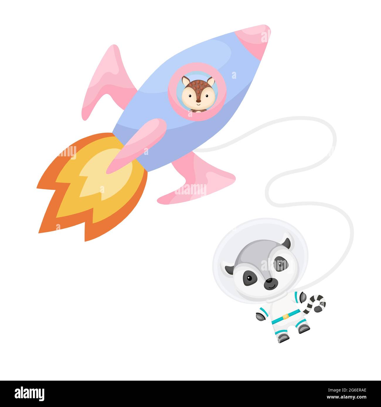 Cute little armadillo flying in blue rocket. Cartoon lemur character in ...