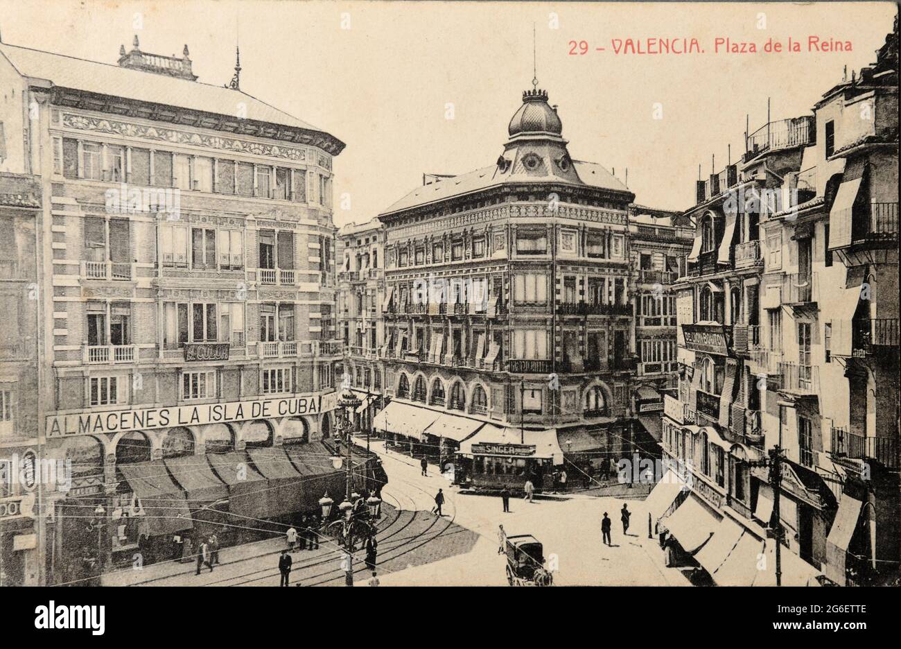 Old postcard of La Reina Square, Valencia, Spain Stock Photo - Alamy