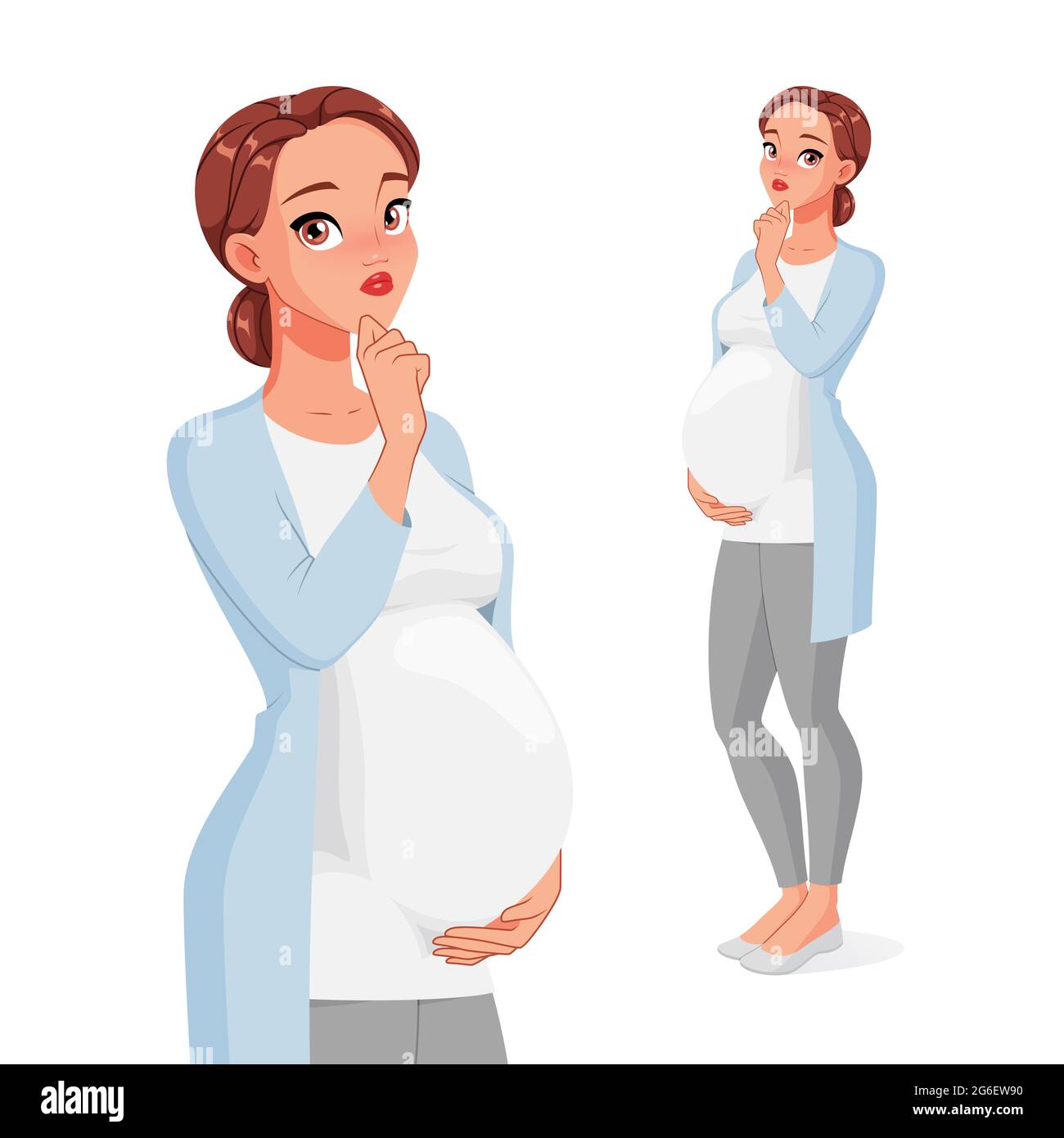 Pondered pregnant woman with hand on her chin. Vector character Stock ...