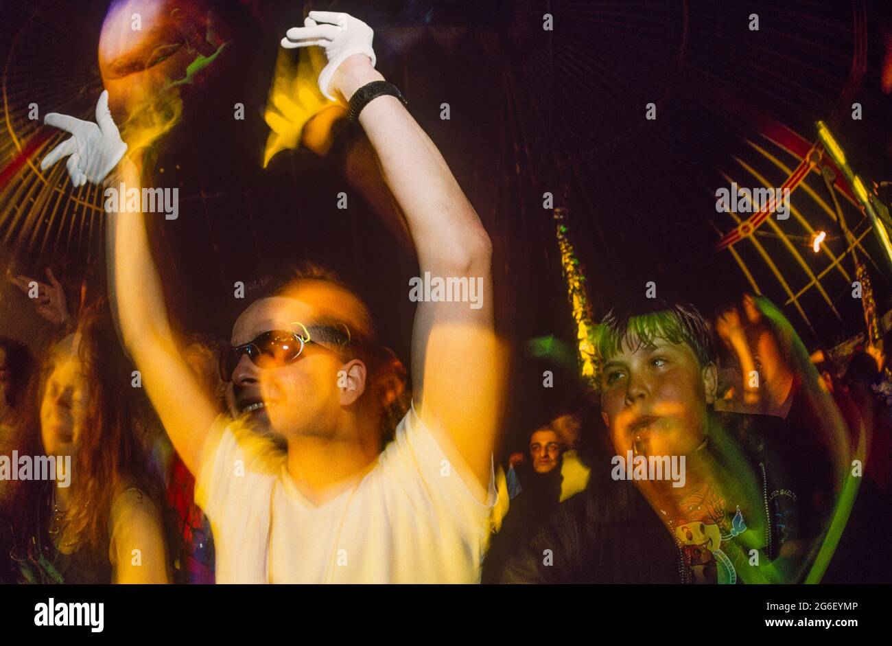 A young man dancing at, Tribal Gathering an all night rave held in the ...