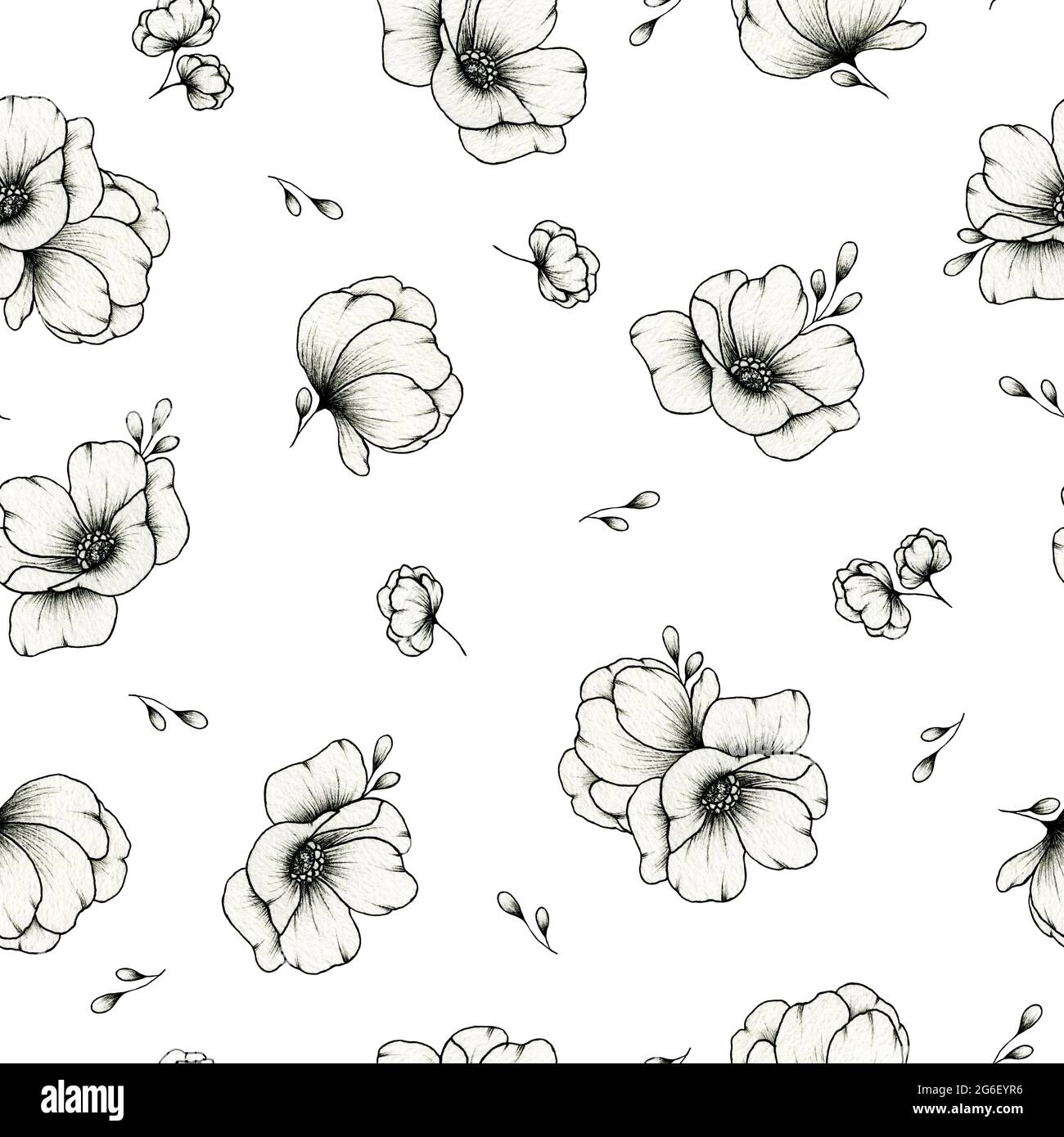 Simple seamless pattern with black and white flowers, botanic graphic ...