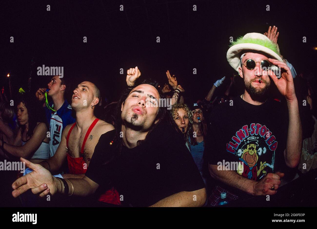 People dancing at, Tribal Gathering an all night rave held in the ...