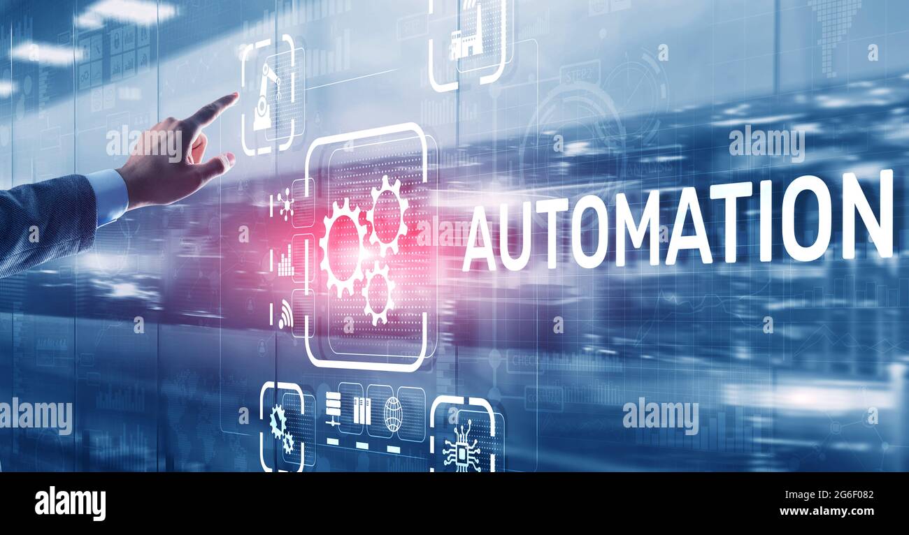 Man clicks on 3d virtual screen Automation. Optimization of business ...