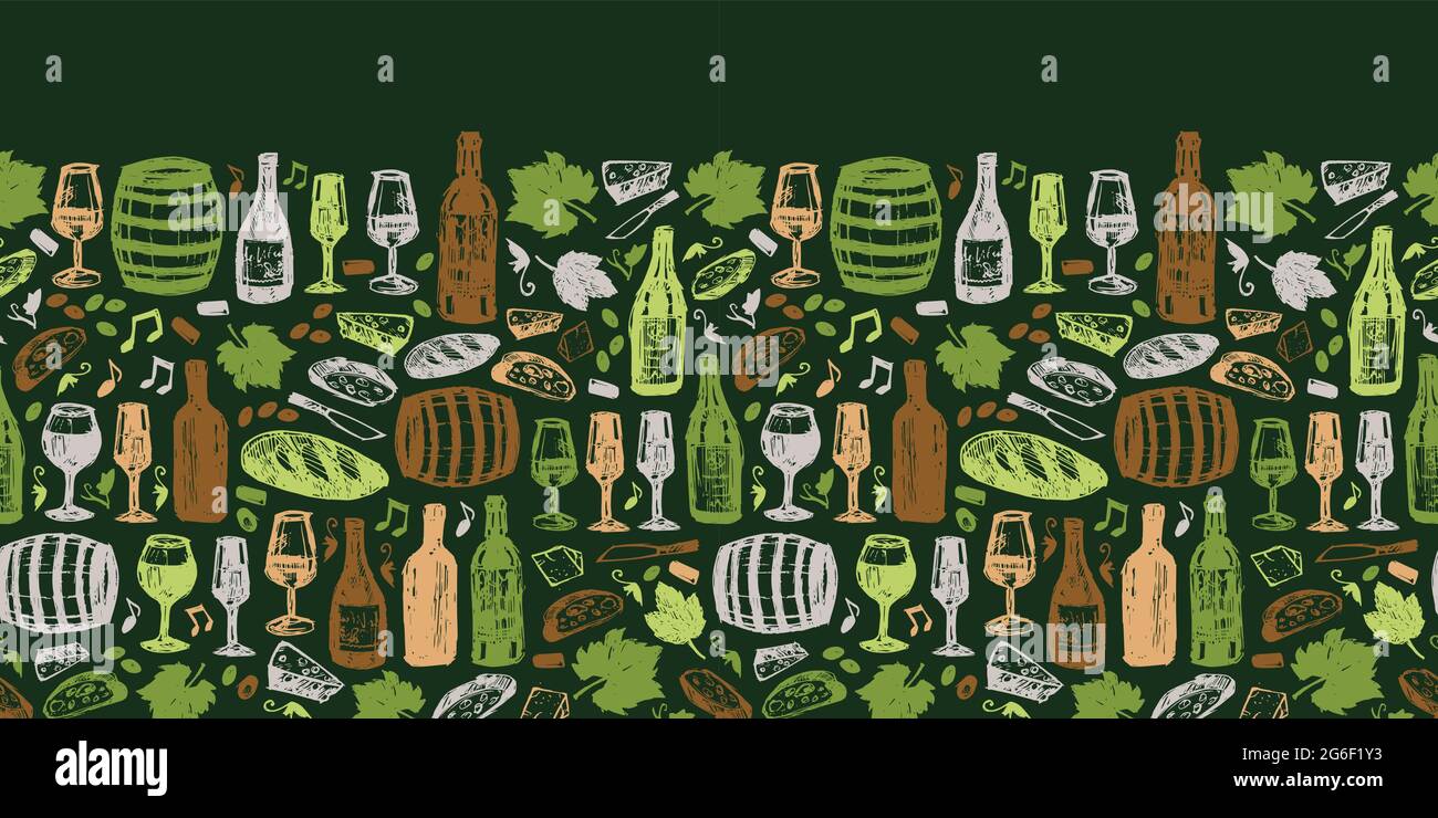Vector green wine bar pen sketch doodle horizontal border pattern with ...