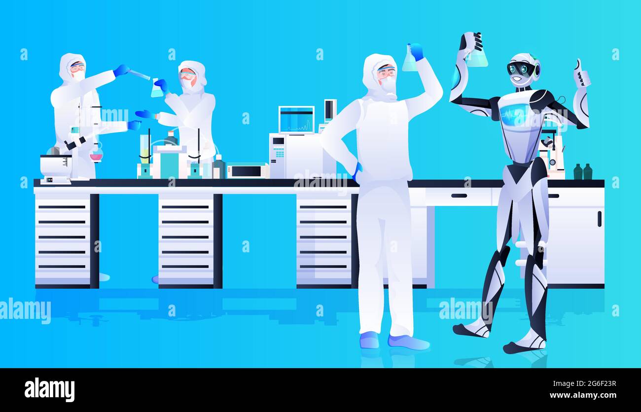robot with scientists in protective suits making experiments in lab ...