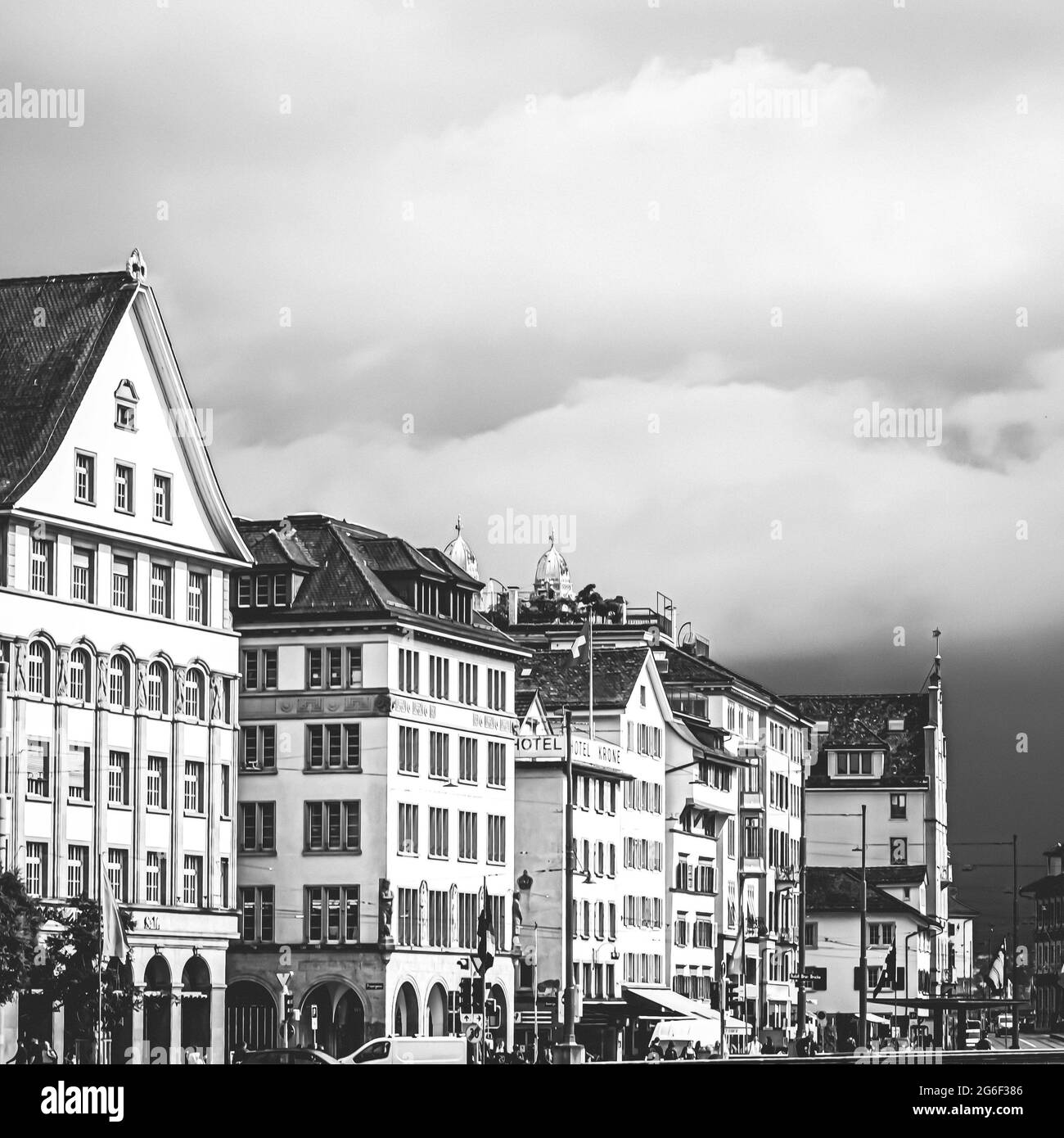 Vintage monochrome view of historic Old Town streets and buildings near ...