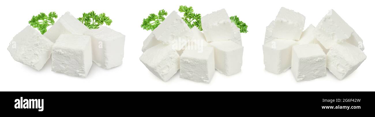 Feta cheese isolated on white background. With full depth of field. Set ...