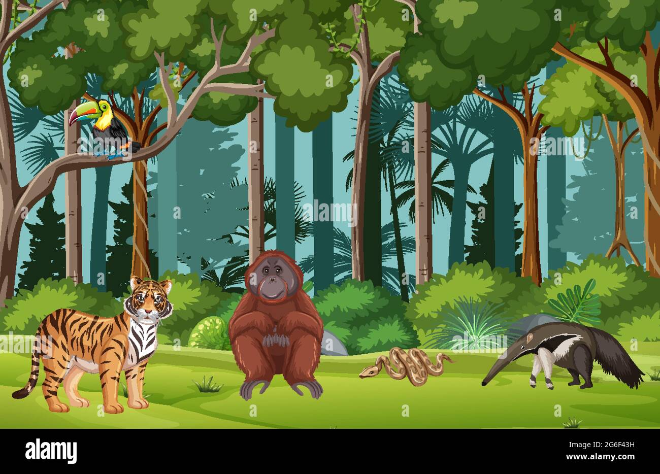 Tropical rainforest scene with various wild animals illustration Stock ...