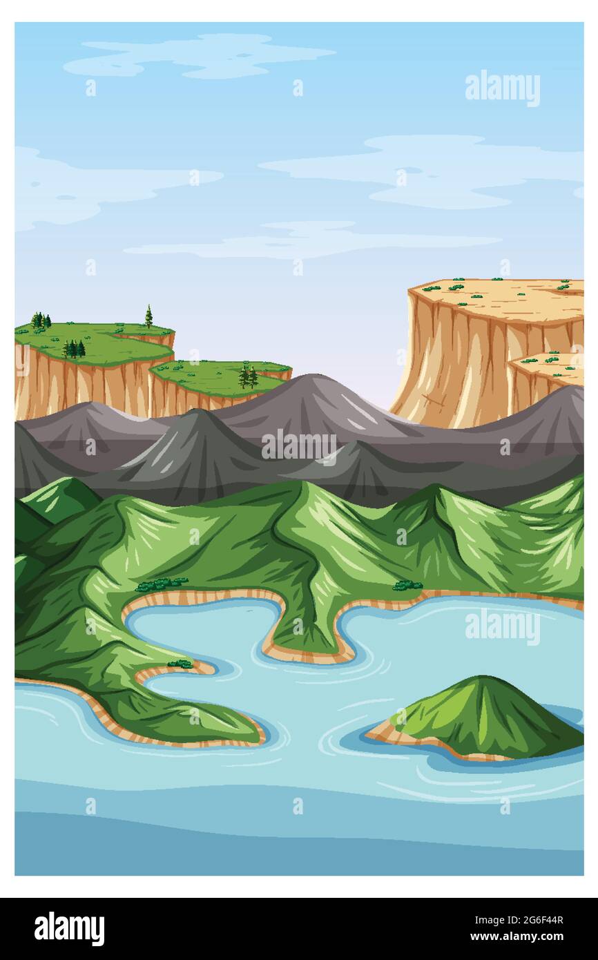Vertical nature landscape scene with top view of mountain illustration ...