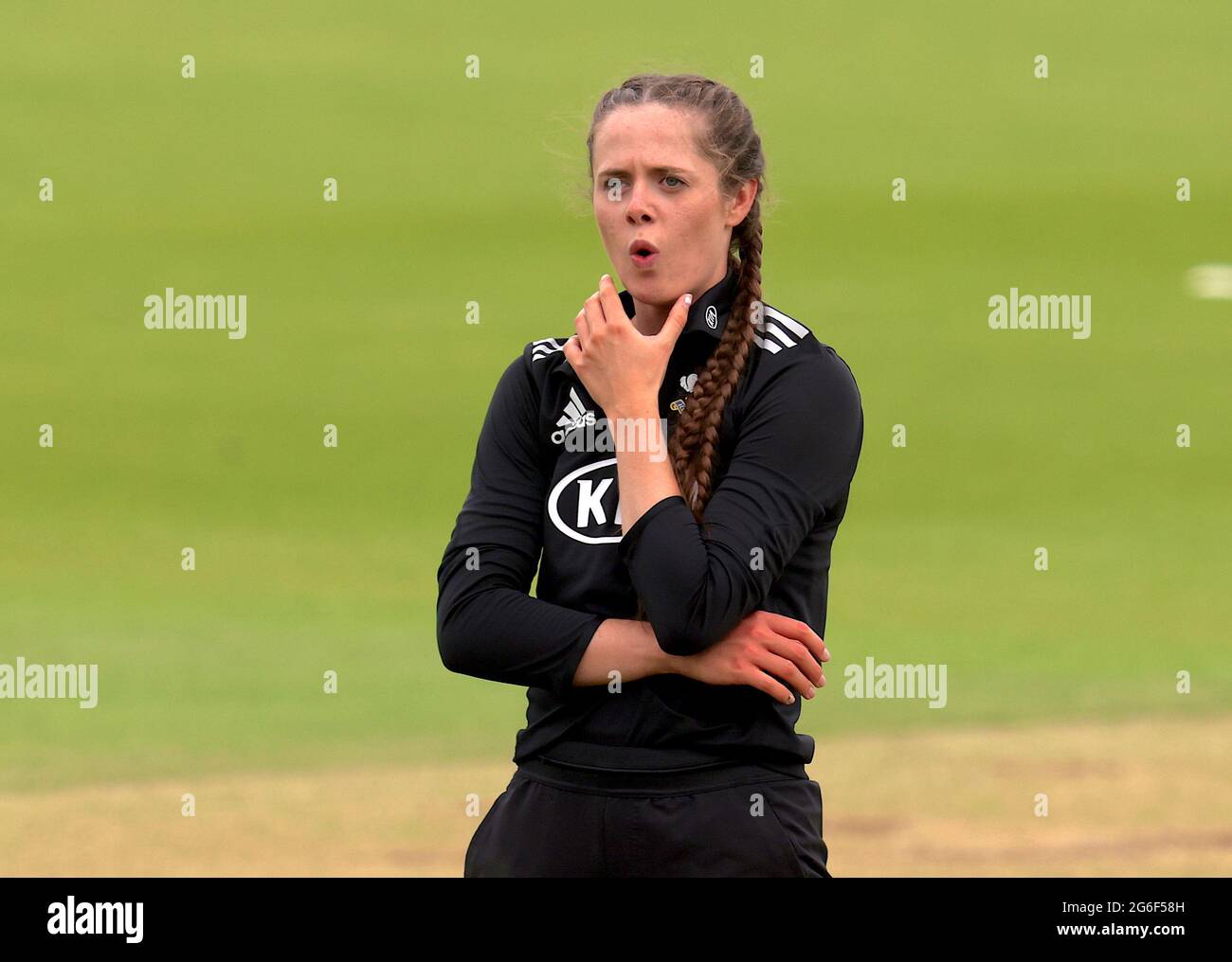 London, UK. 5 July, 2021. London,UK. Surrey’s Danielle Gregory bowling ...