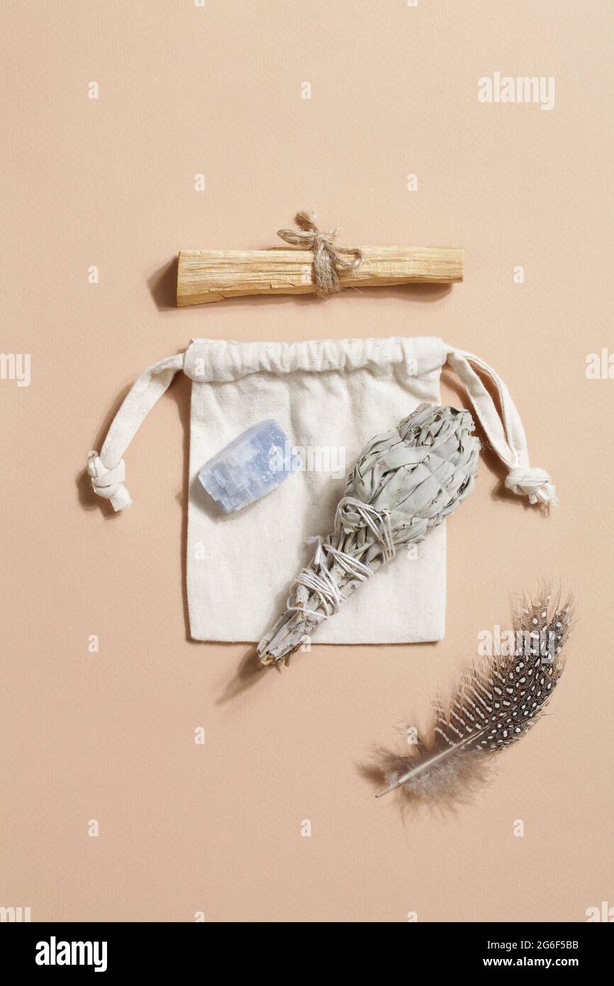 Palo Santo sticks, dried sage and crystal. esoteric life balance ...