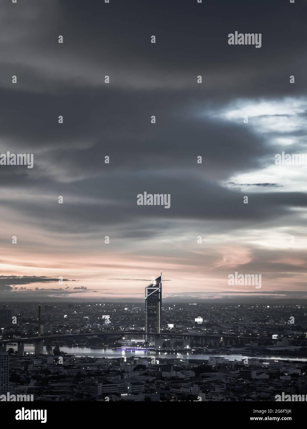 Aerial view of Beautiful sunset over large metropol city in Asia. There ...