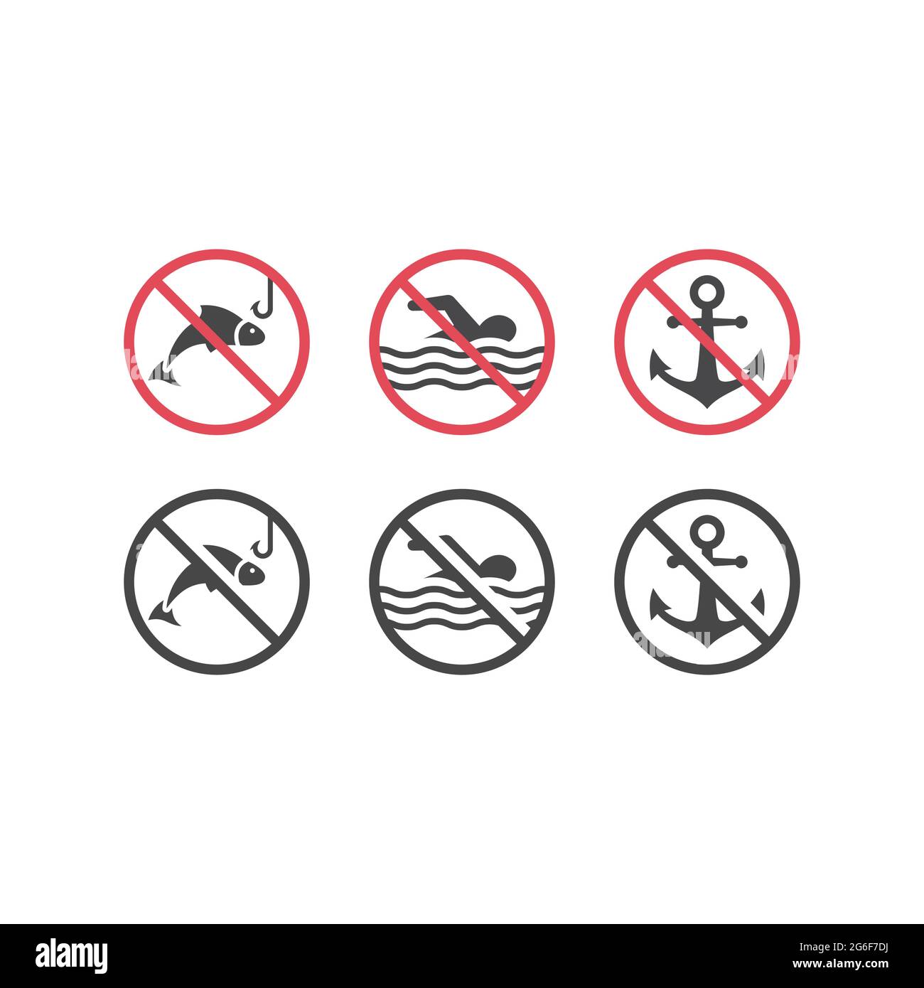 No swimming, fishing and dock red prohibition sign. Warning icon set ...