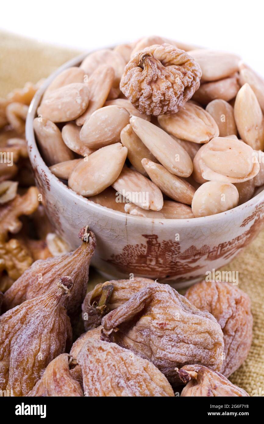 Close view detail of a bunch of dry fruits on a white background Stock ...