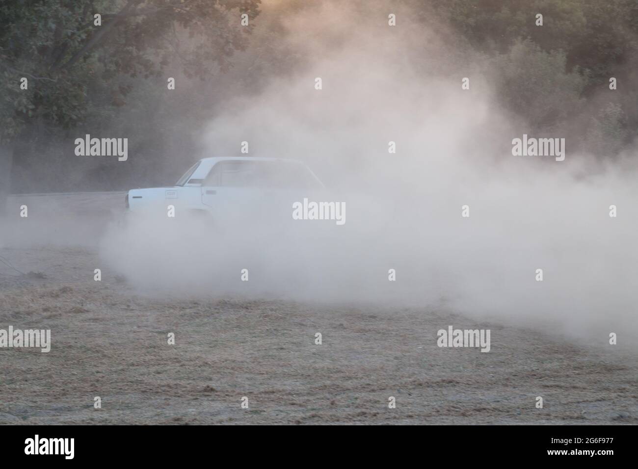 Drifting a car raises clouds of dust Stock Photo - Alamy