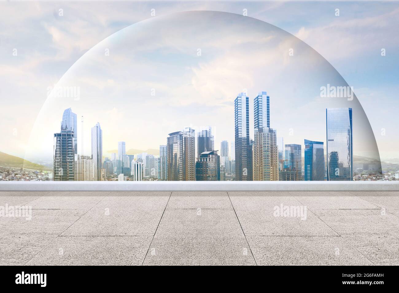 Rooftop view with modern cityscapes and dome protection with blue sky ...