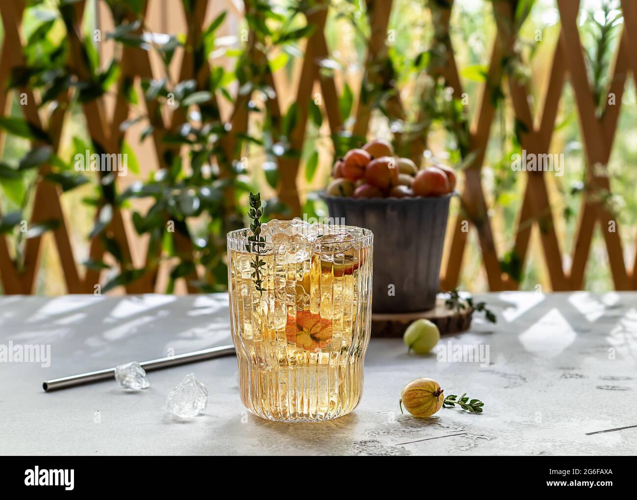 Gooseberry ice tea or lemonade. Summer homemade refreshing mocktail ...