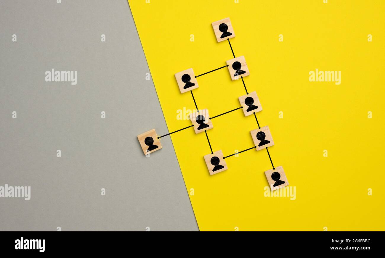 wooden blocks with figures on a gray yellow background, hierarchical ...