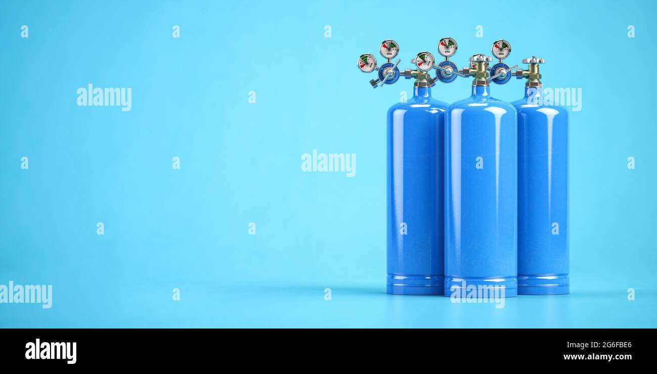 Blue oxygen tanks or cylinders on blue background. 3d illustration ...