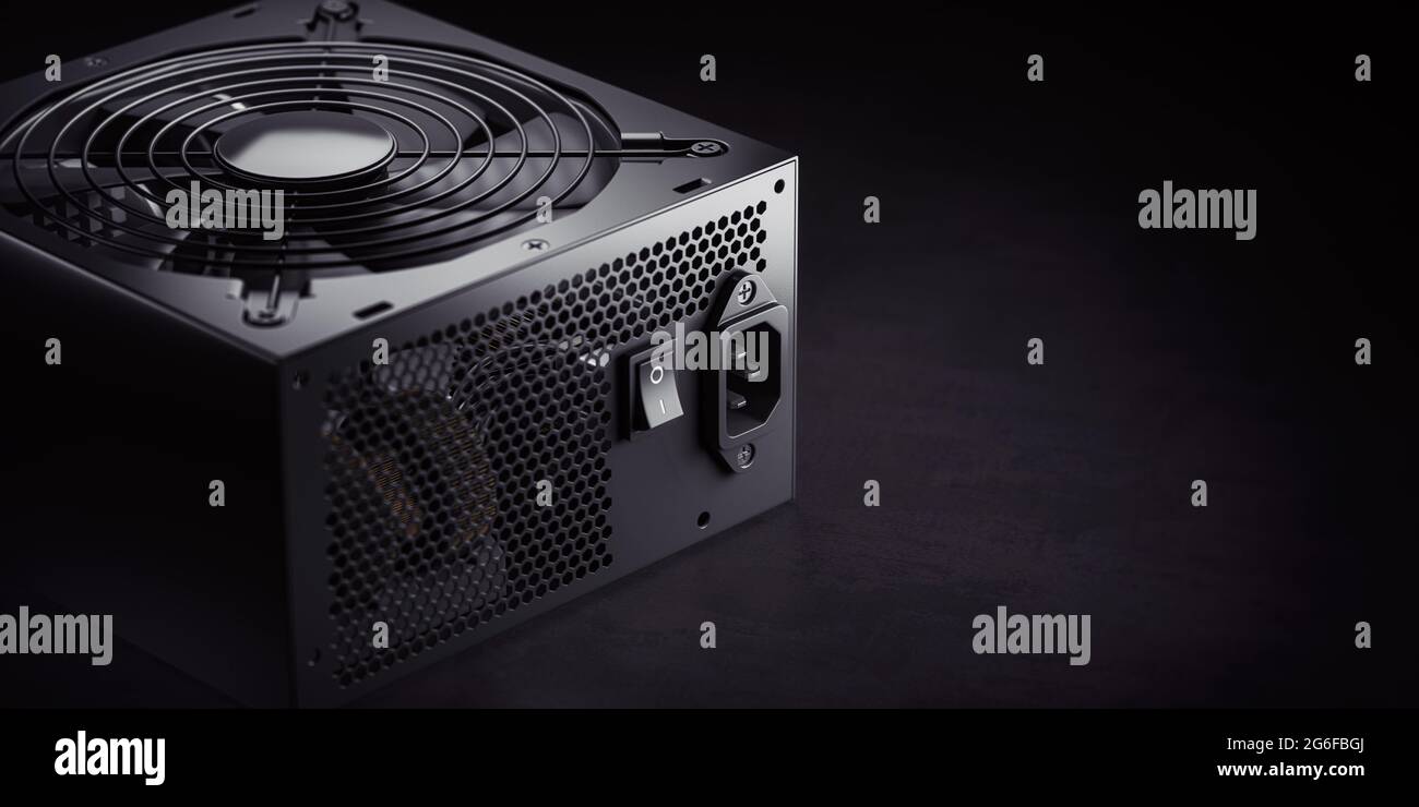 Computer AC power supply unit on black background. 3d illustration ...